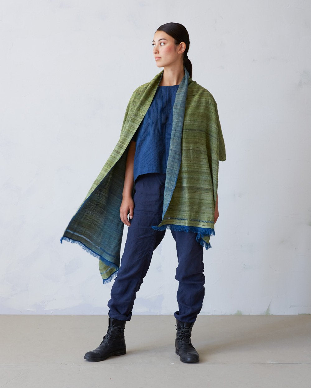No. 1 Wild Silk and West Bengali Merino Wool Shawl – Pine Green